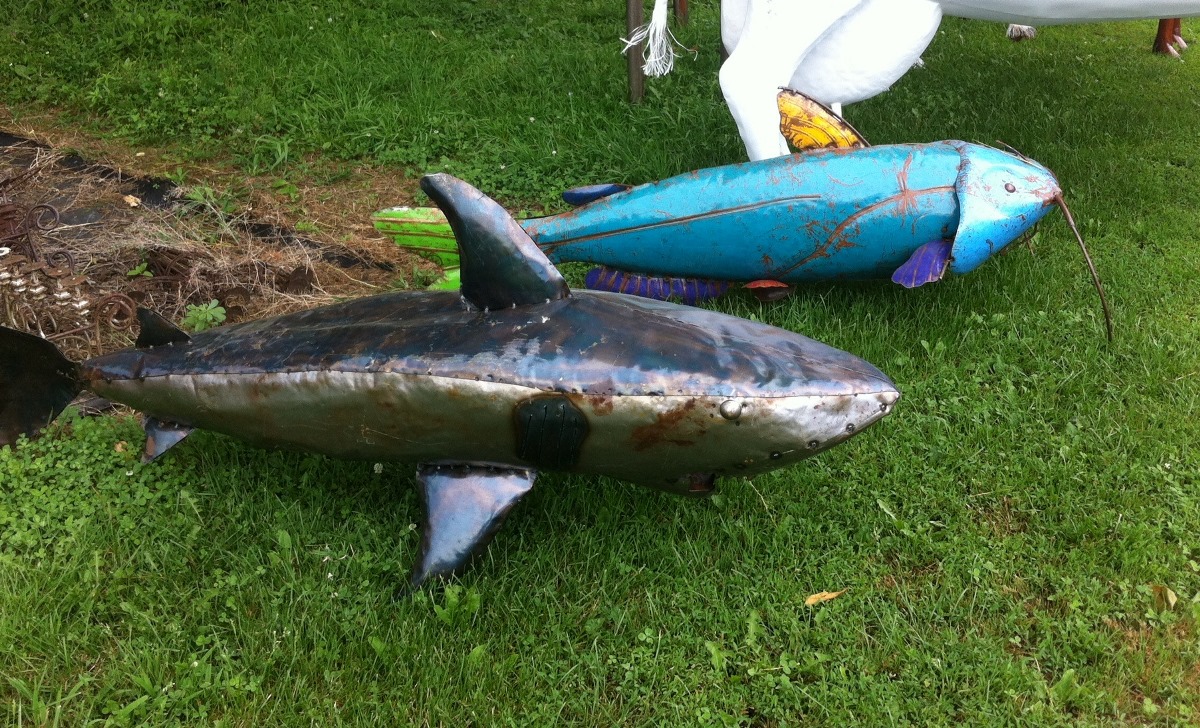 Metal Catfish and Lawn Shark Decoration