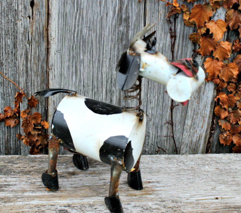 Mini Spotted Metal Cow - Recycled Metal Art - Garden Ornament