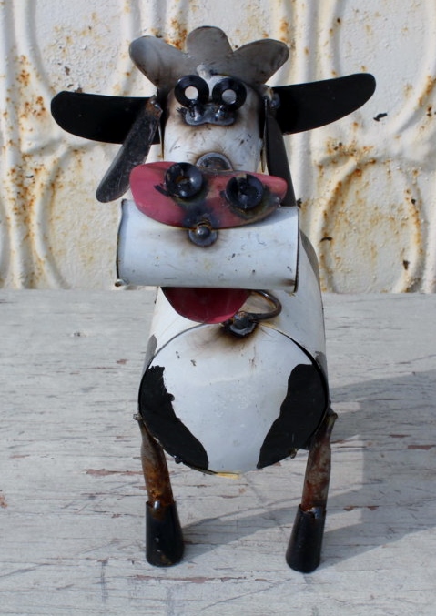 Mini Spotted Metal Cow - Recycled Metal Art - Garden Ornament