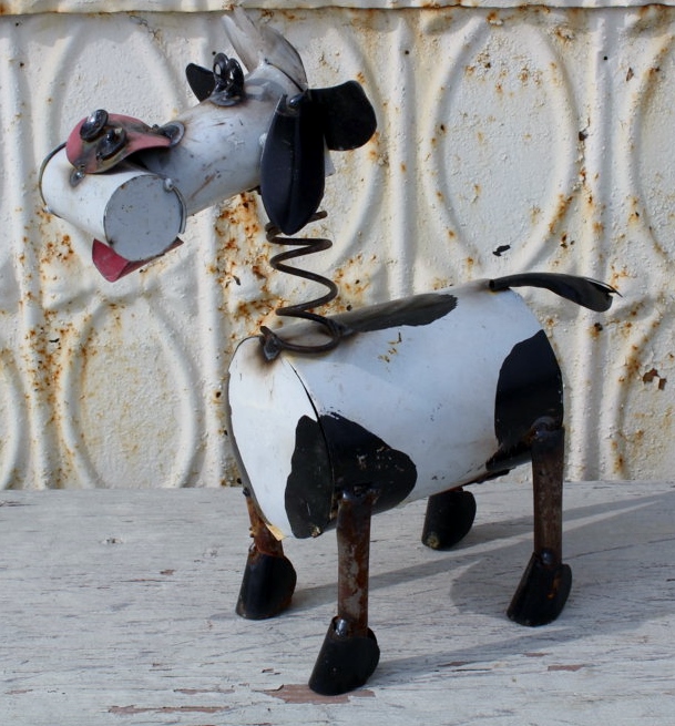 Mini Spotted Metal Cow - Recycled Metal Art - Garden Ornament
