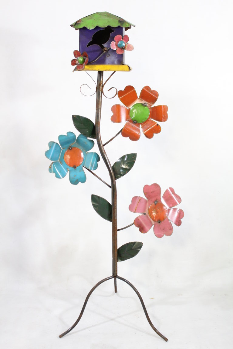 Recycled Metal Birdhouse with Flowers Home for the Feathered Friends