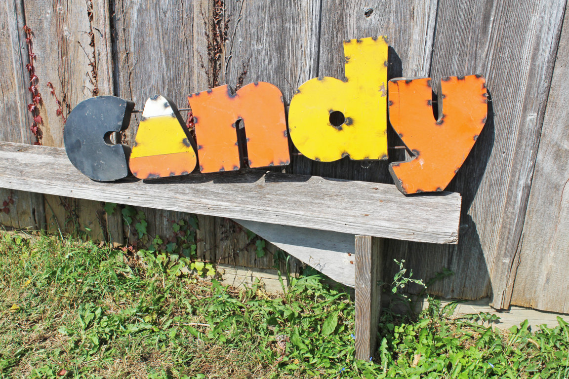 Recycled Metal Candy Sign Fall Decor