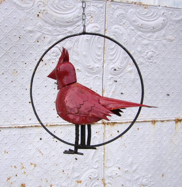 Recycled Metal Cardinal in a Ring