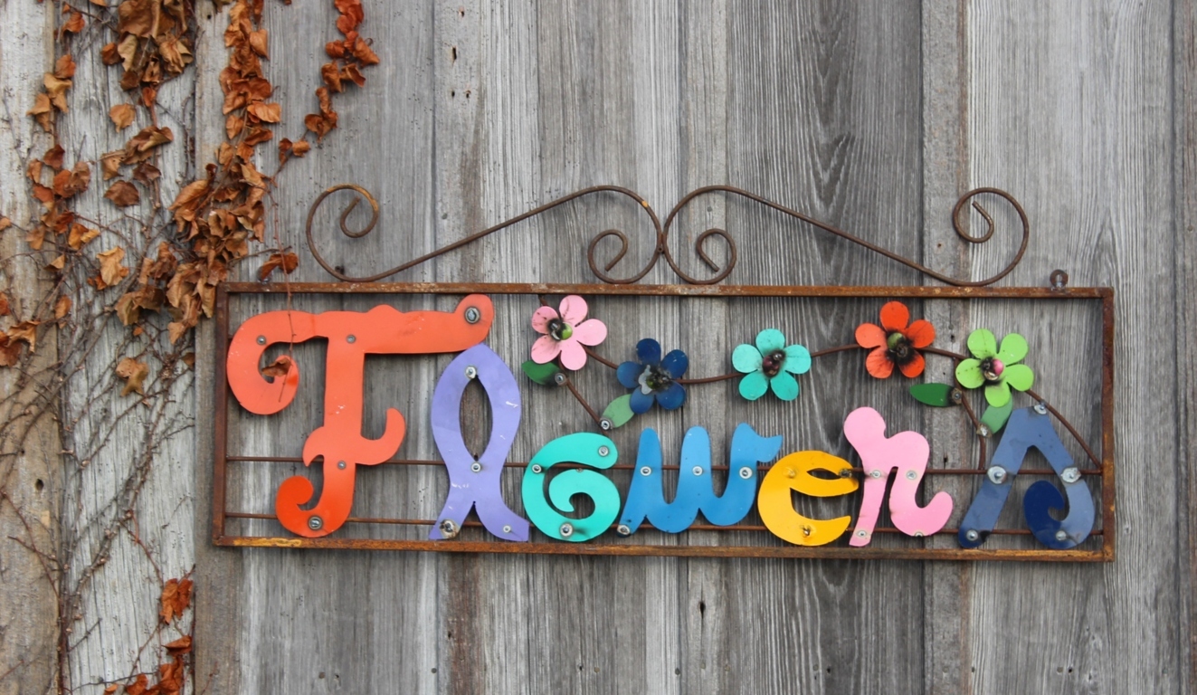 Recycled Metal Colorful Flowers Sign Hanging Wall Art