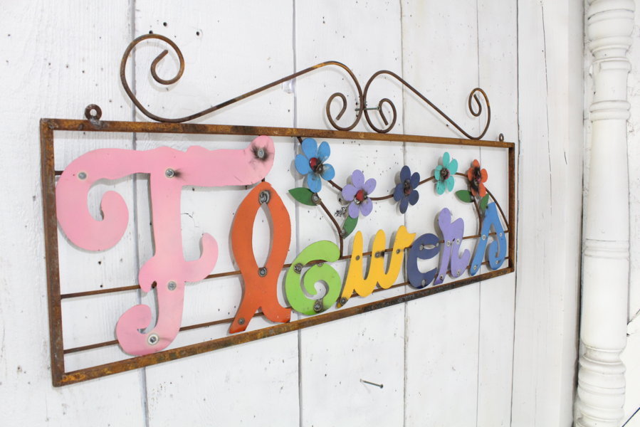 Recycled Metal Colorful Flowers Sign Hanging Wall Art