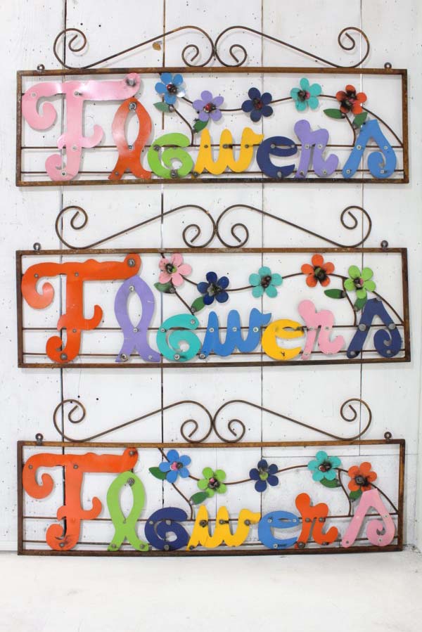 Recycled Metal Colorful Flowers Sign Hanging Wall Art