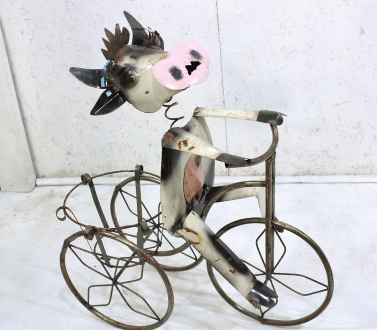 Scrap Metal Cow on Trike with Potholder Basket out of stock