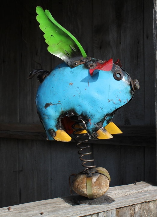 Recycled Metal Flying Pig on a Rock Farm Yard Animal