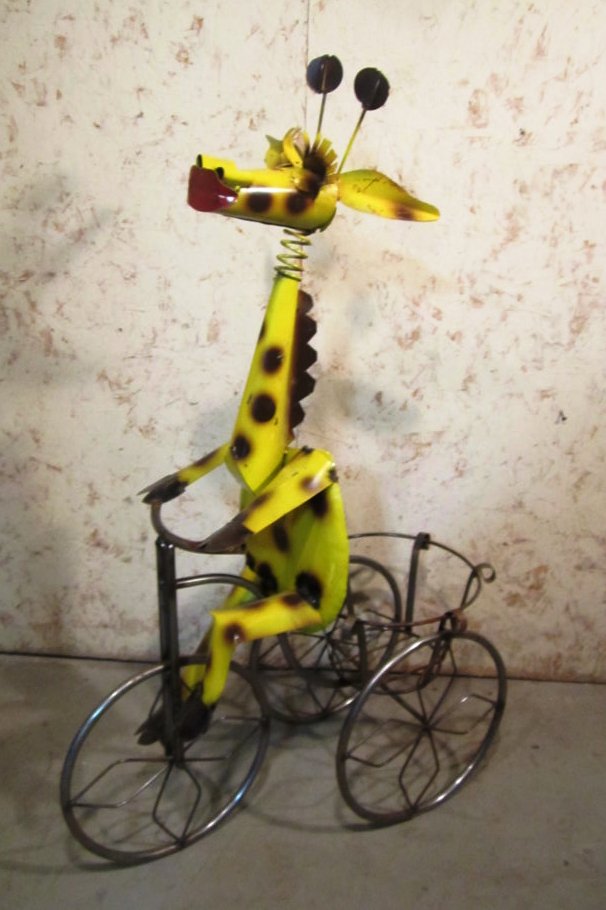 37" Large Recycled Metal Giraffe Riding Tricycle Pot Holder