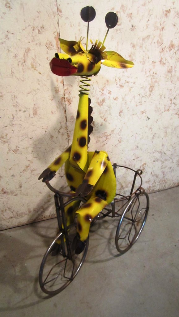 37" Large Recycled Metal Giraffe Riding Tricycle Pot Holder