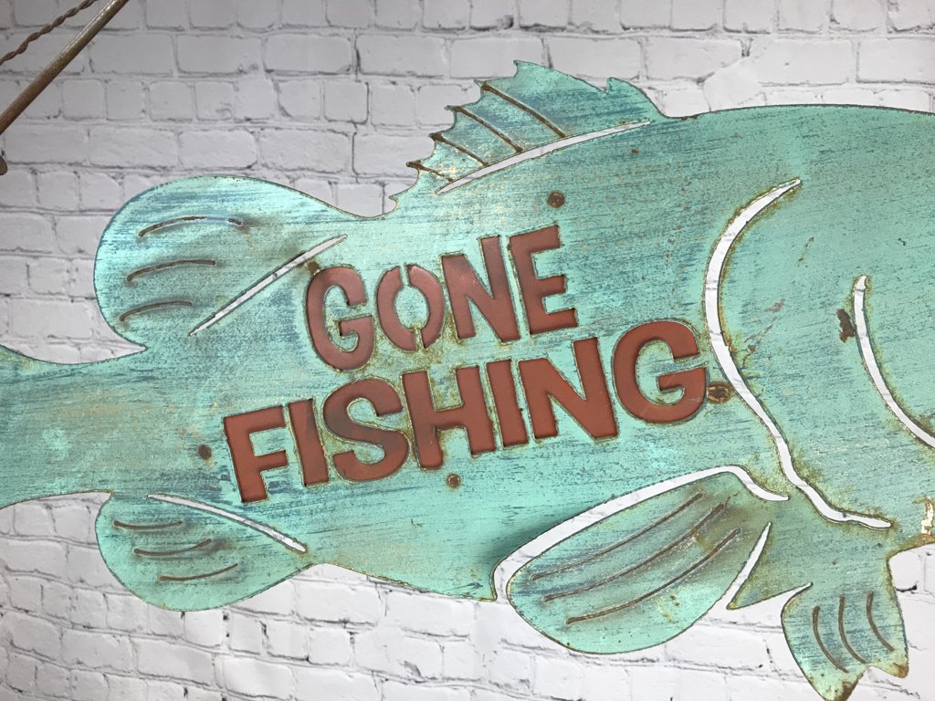Recycled Metal Gone Fishing Sign Decorative Wall Art