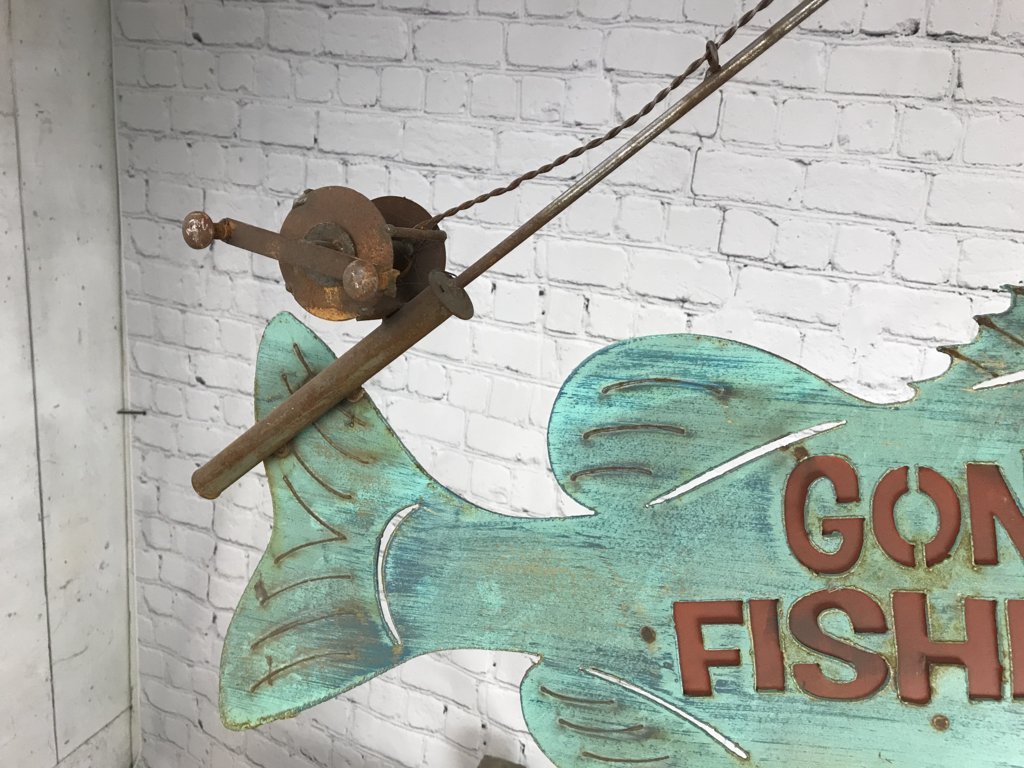 Recycled Metal Gone Fishing Sign Decorative Wall Art