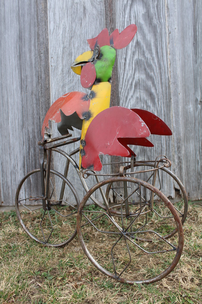 Recycled Metal rooster on Bike Bird Lawn Ornament OUT OF STOCK