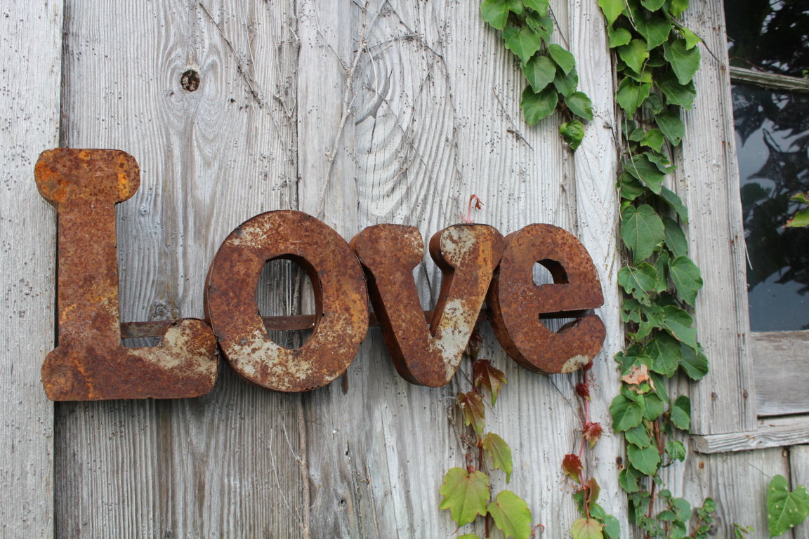 Rustic Metal Hanging Love Sign Heart Felt Wall Decor