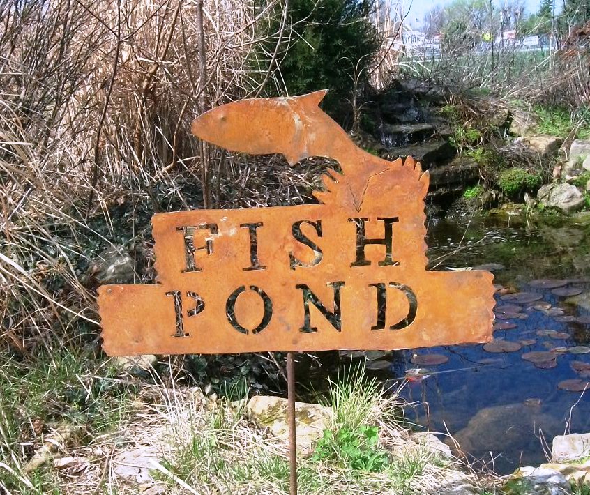 Rustic Tin Fish Pond Sign - Decorative Stake
