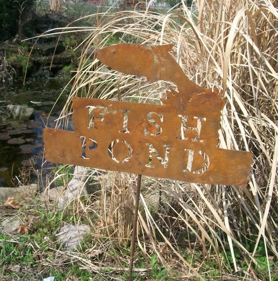 Rustic Tin Fish Pond Sign - Decorative Stake