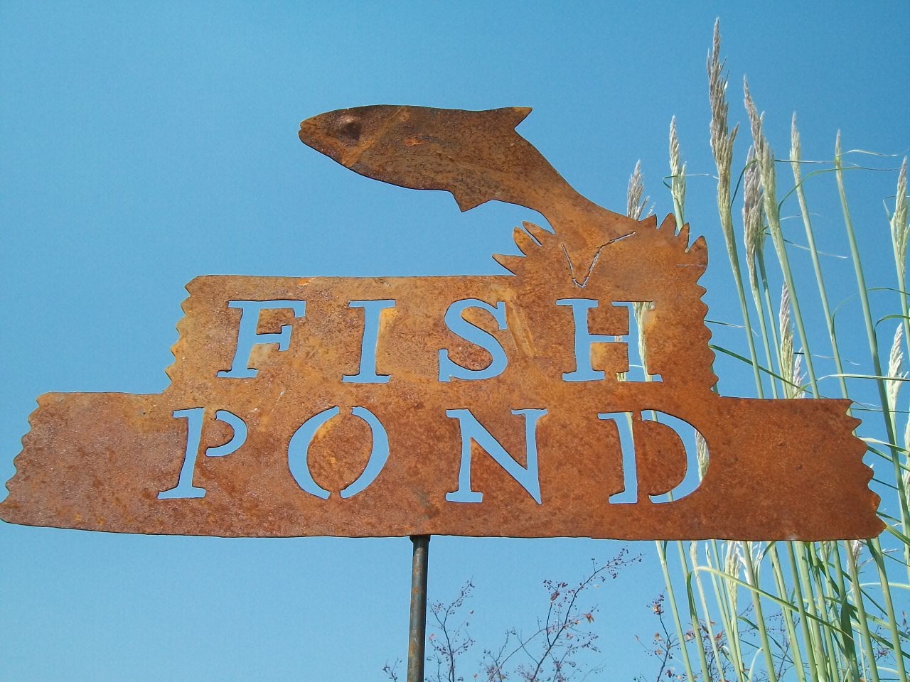Rustic Tin Fish Pond Sign - Decorative Stake