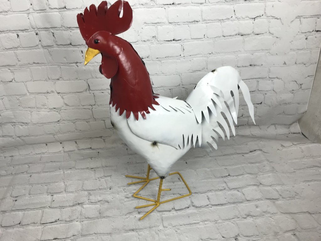 24" Red & White Rooster - Recycled Metal Art - Garden Ornament