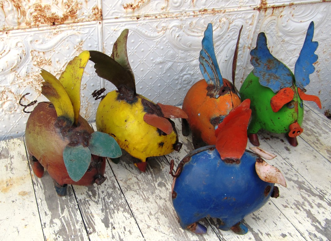 Recycled Metal Flying Pig - Small Flying Pig Art