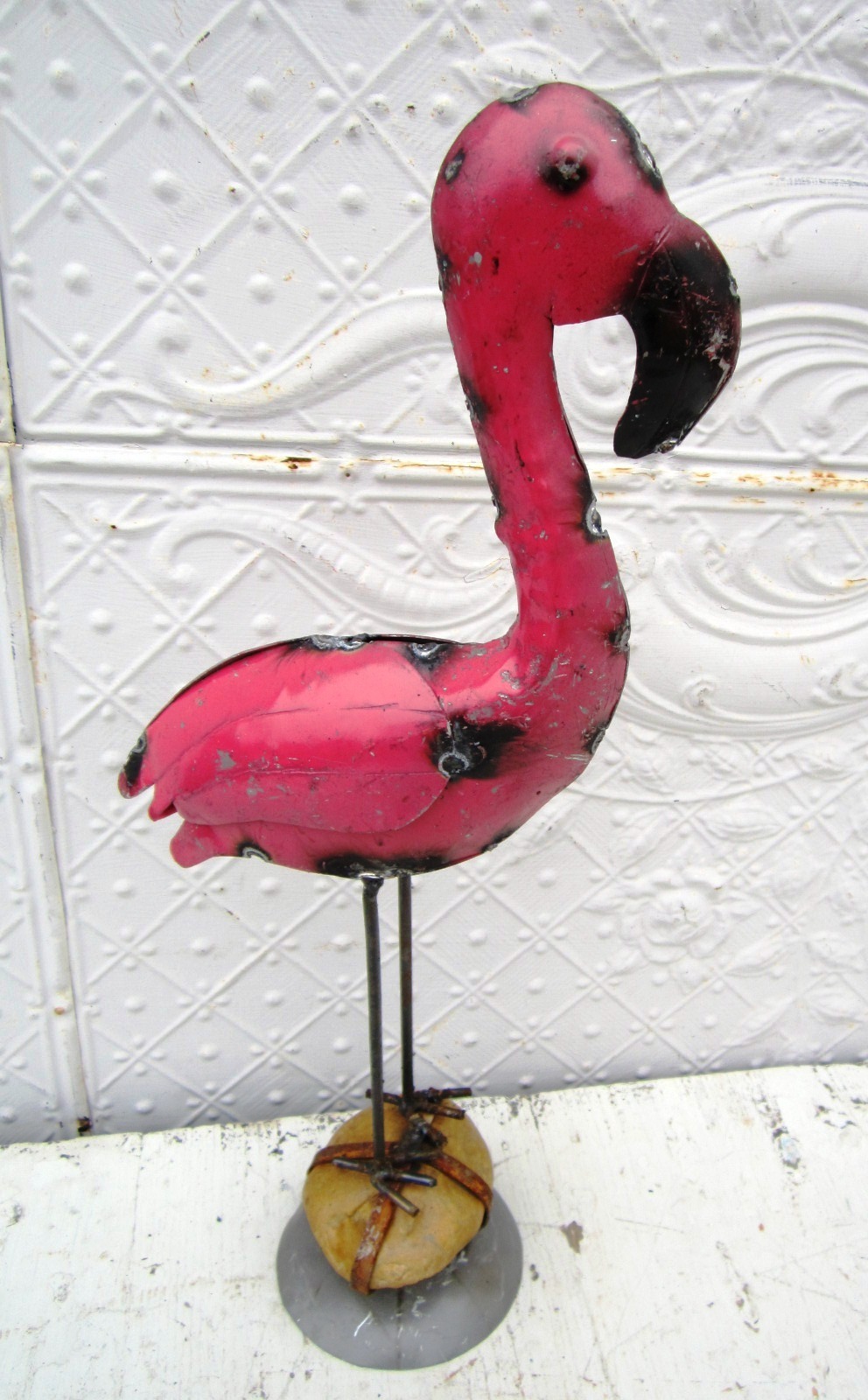 Tin Pink Flamingo Rock Garden Statue