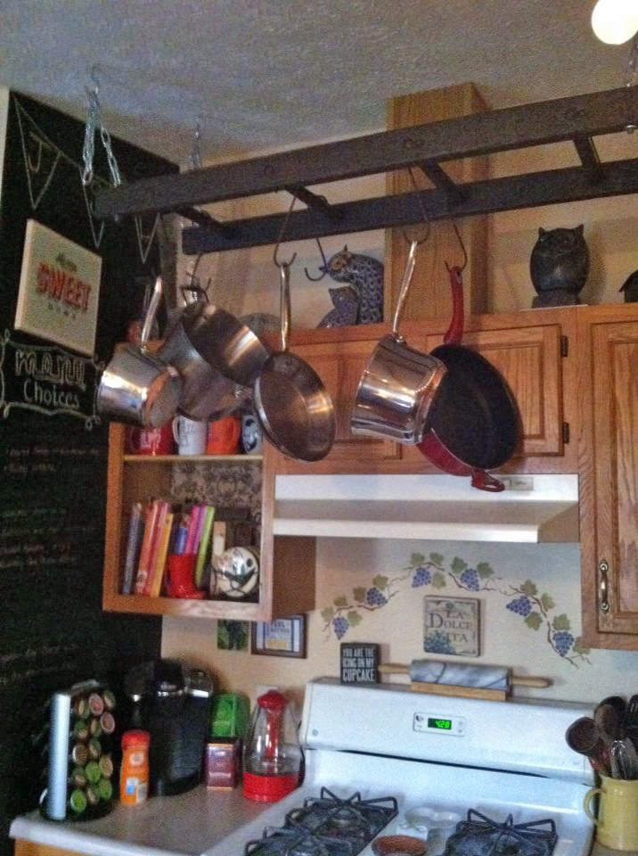 Vintage Ladder Becomes Kitchen Pot Rack