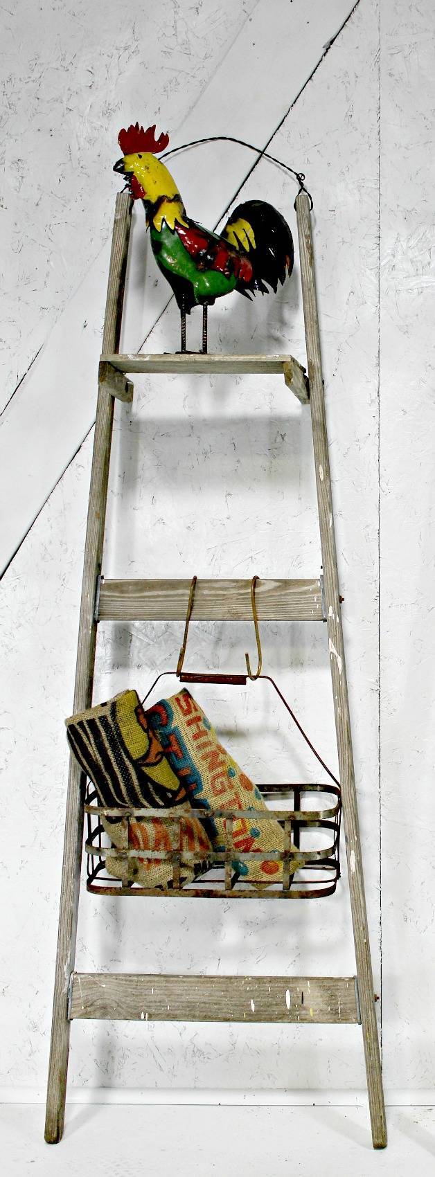 Vintage Wooden Ladder Storage Rack Handyman w/ Basket
