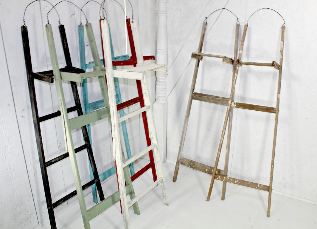 Vintage Wooden Ladder Storage Rack Handyman w/ Basket