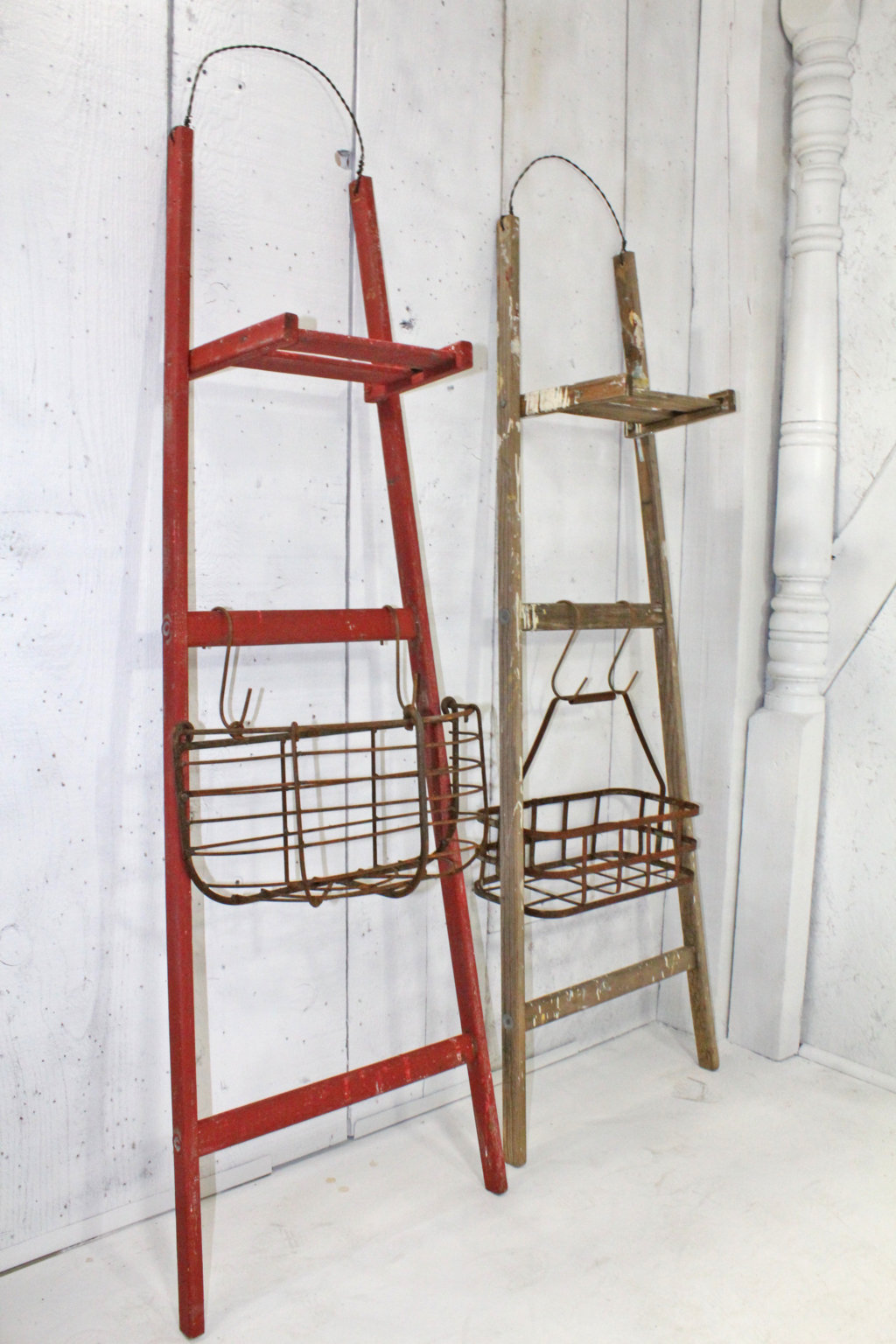 Vintage Wooden Ladder Storage Rack Handyman w/ Basket