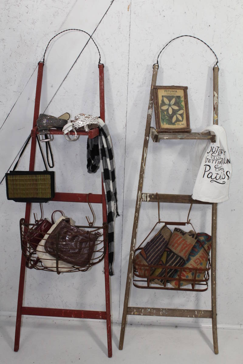 Vintage Wooden Ladder Storage Rack Handyman w/ Basket