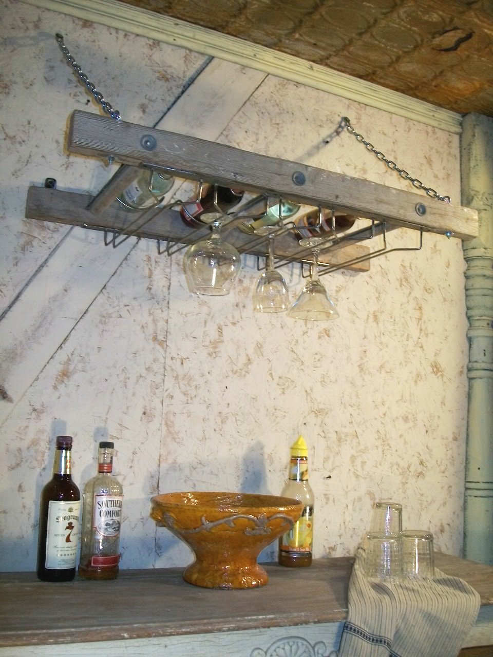 Wall Mount Ladder Wine Rack - 4 Bottles & Stemware