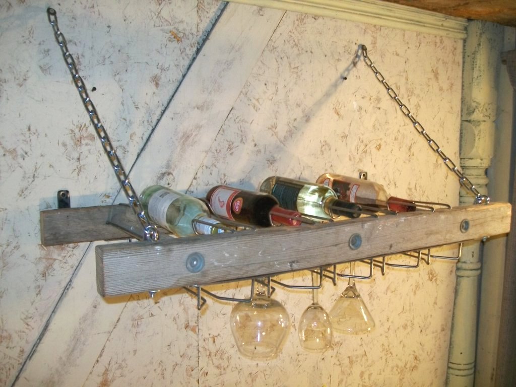 Wall Mount Ladder Wine Rack - 4 Bottles & Stemware