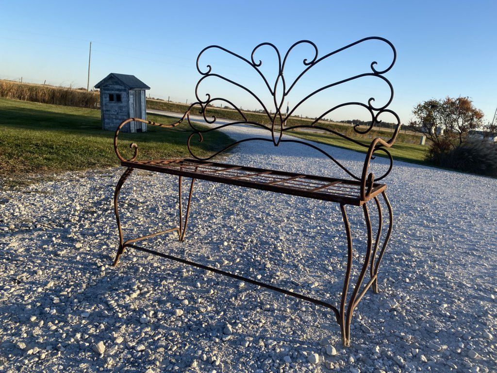 Wrought Iron Butterfly Bench with Strap Seat Outdoor Furniture