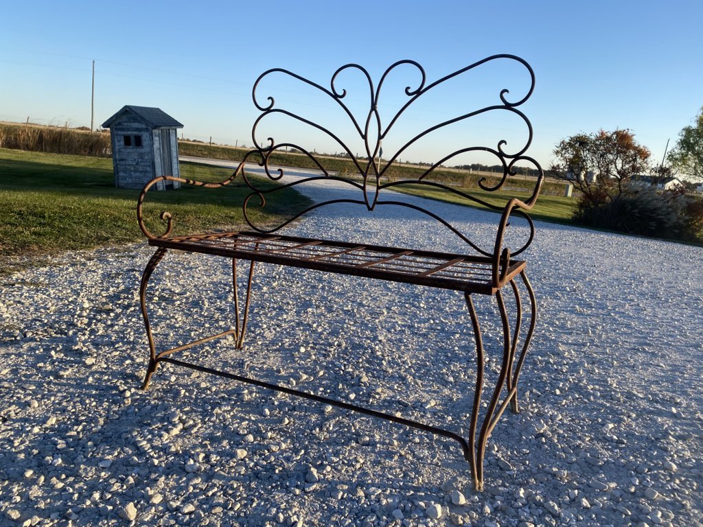 Wrought Iron Butterfly Bench with Strap Seat Outdoor Furniture