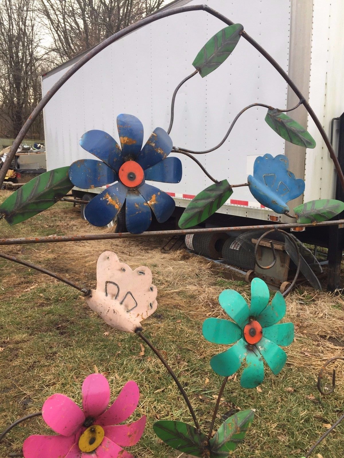 Wrought Iron Colorful Flower Trellis - Metal Yard Art
