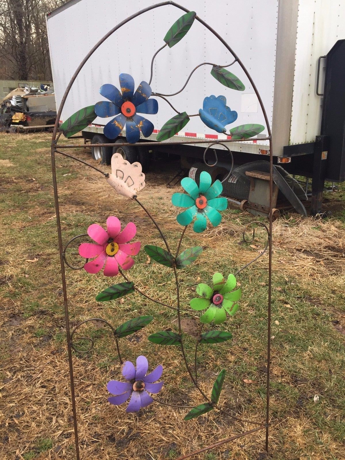 Wrought Iron Colorful Flower Trellis - Metal Yard Art