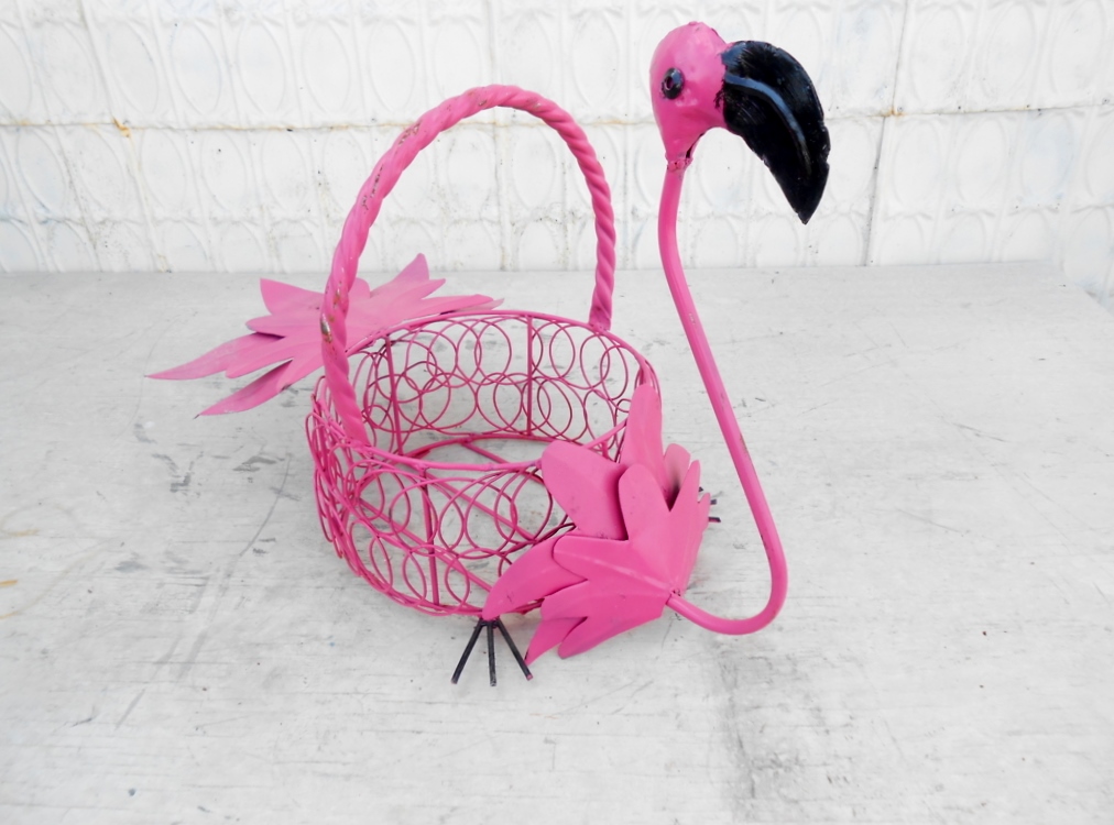 Wrought Iron Pink Flamingo Basket Pot Holder