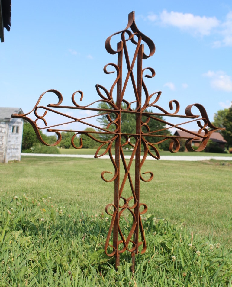 Wrought Iron Small Cross - Yard Ornament - Cemetery Decoration