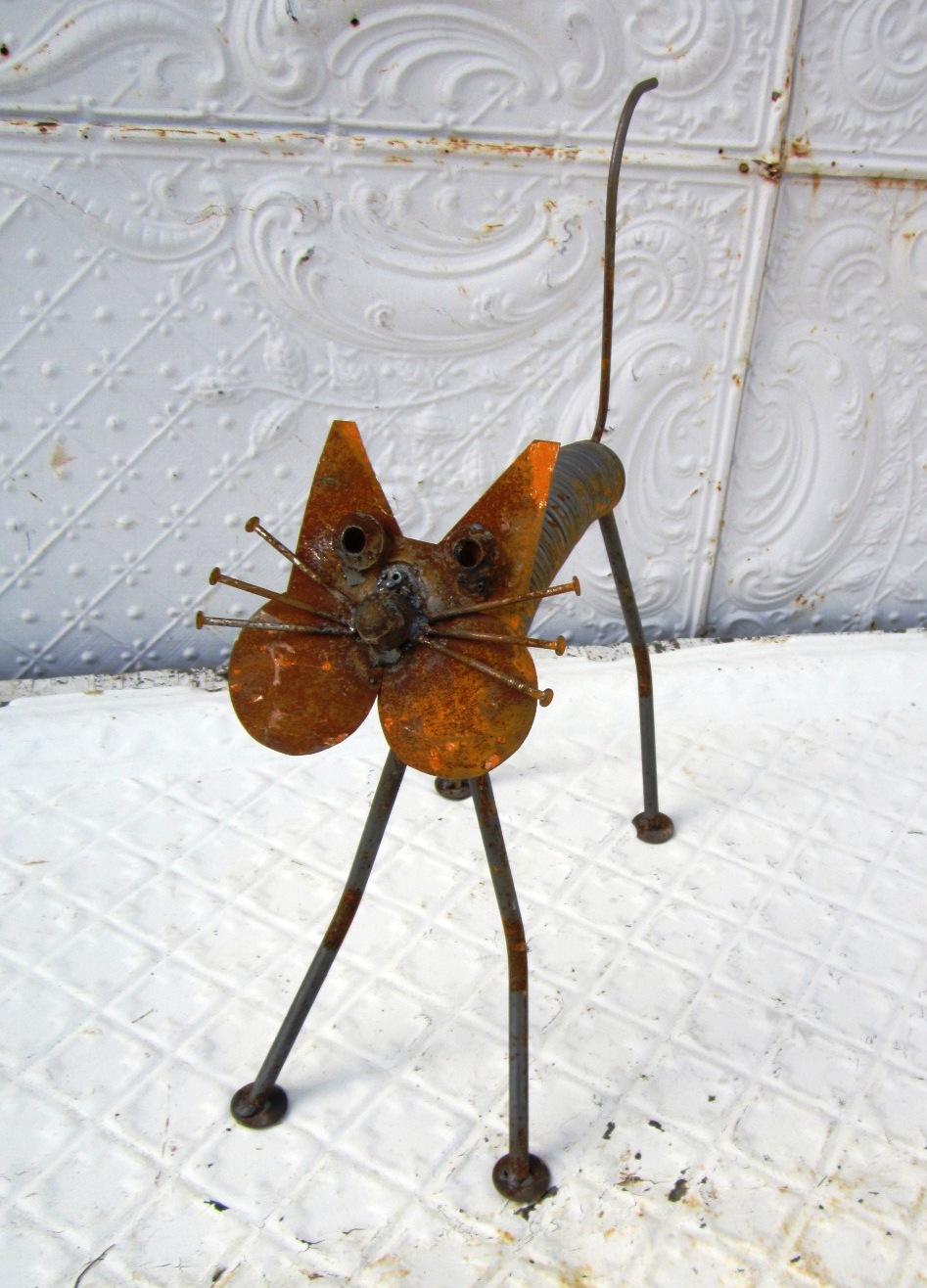 Wrought Iron Spring Cat - Recycled Metal Art - Garden Ornament