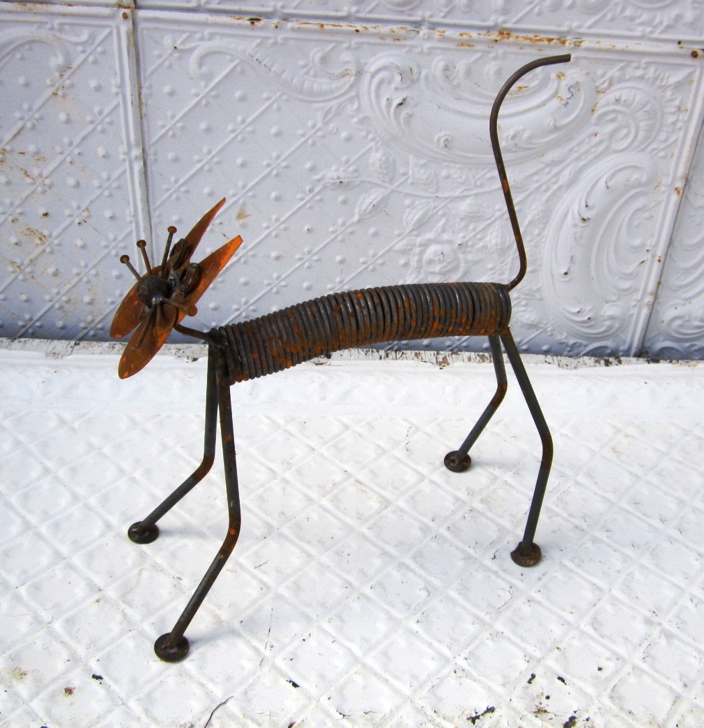 Wrought Iron Spring Cat - Recycled Metal Art - Garden Ornament
