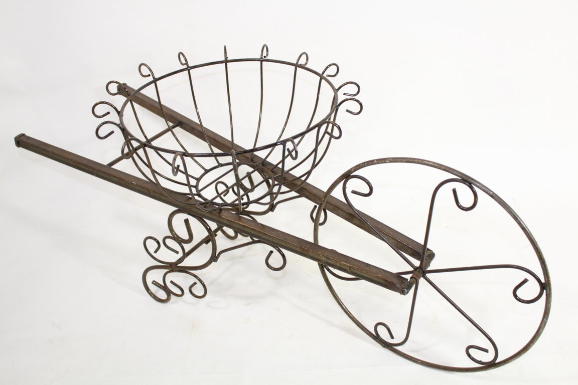 Wrought Iron Wheelbarrow Pot Container - Round Basket