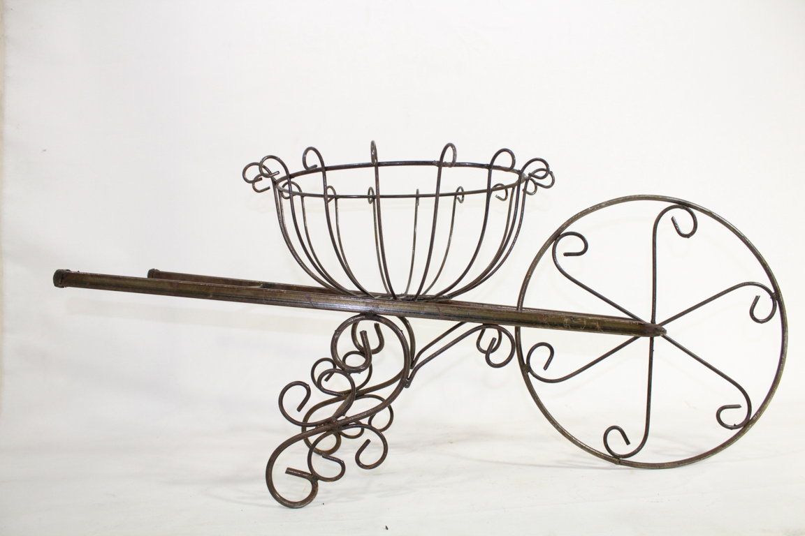 Wrought Iron Wheelbarrow Pot Container - Round Basket