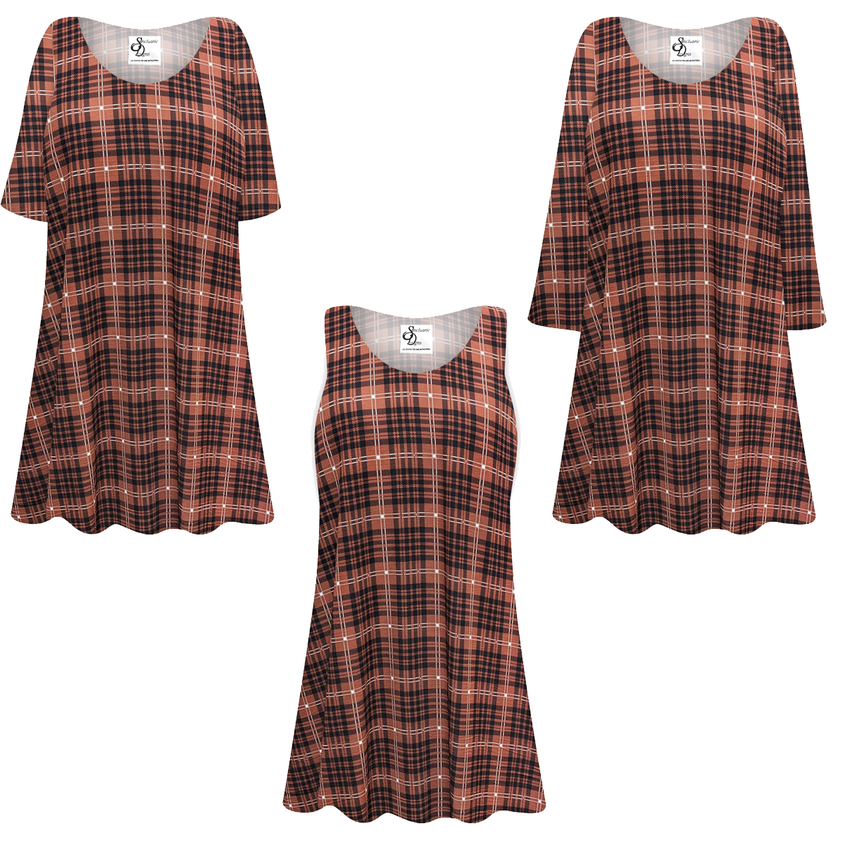 Plus Size Red Plaid Print Extra Long Women's Ultra Soft Tops Customizable