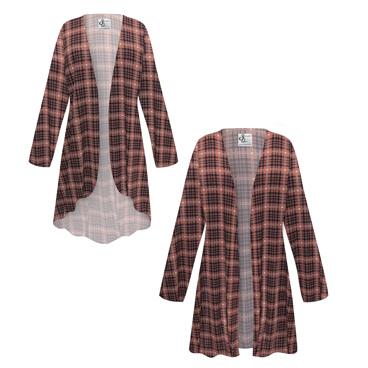 Plus Size Red Plaid Rayon Crepe Women's Jackets & Dusters Customizable