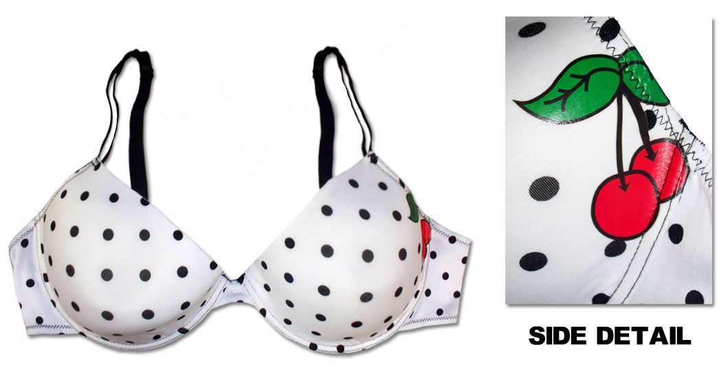 SOLD OUT! Adorable Black and White Polka Dot Bra with Cherry Detail 44D