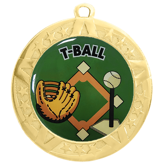 T-Ball T-Series Medals with a gold frame and 2 inch Epoxy insert.