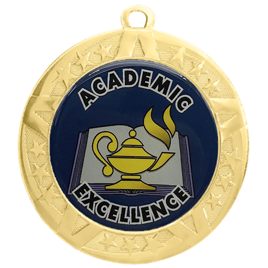 2 3/4 inch Academic Excellence medals with a gold frame and 2 inch ...