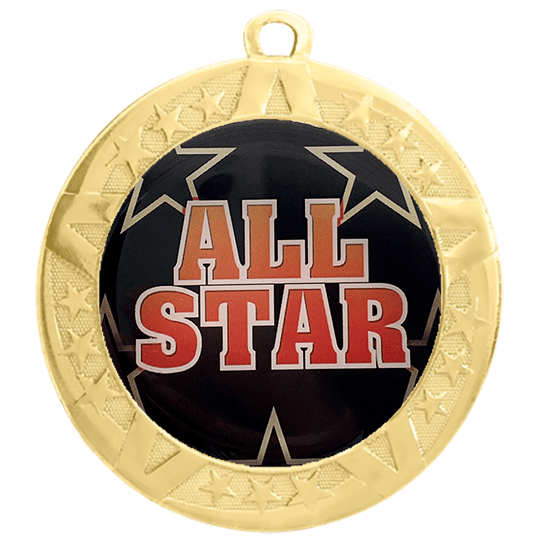 All Star T-Series Medals with a gold frame and 2 inch Epoxy insert.