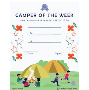 Free Camper of the Week Award Certificate Template | TrophyCentral