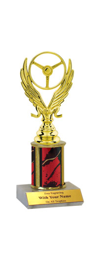 Car Show, Winged Wheel Column Trophy with Slanted White Marble