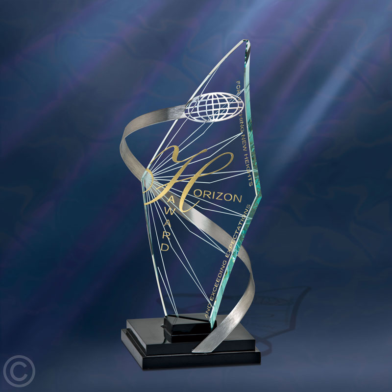Stainless Cosmic World Award with Curved Glass and Black Base
